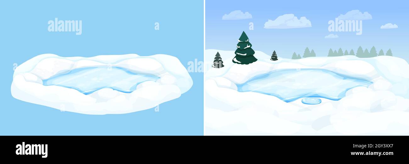 Sol gelé, lac avec glace et neige, style dessin animé, isolé sur fond ...
