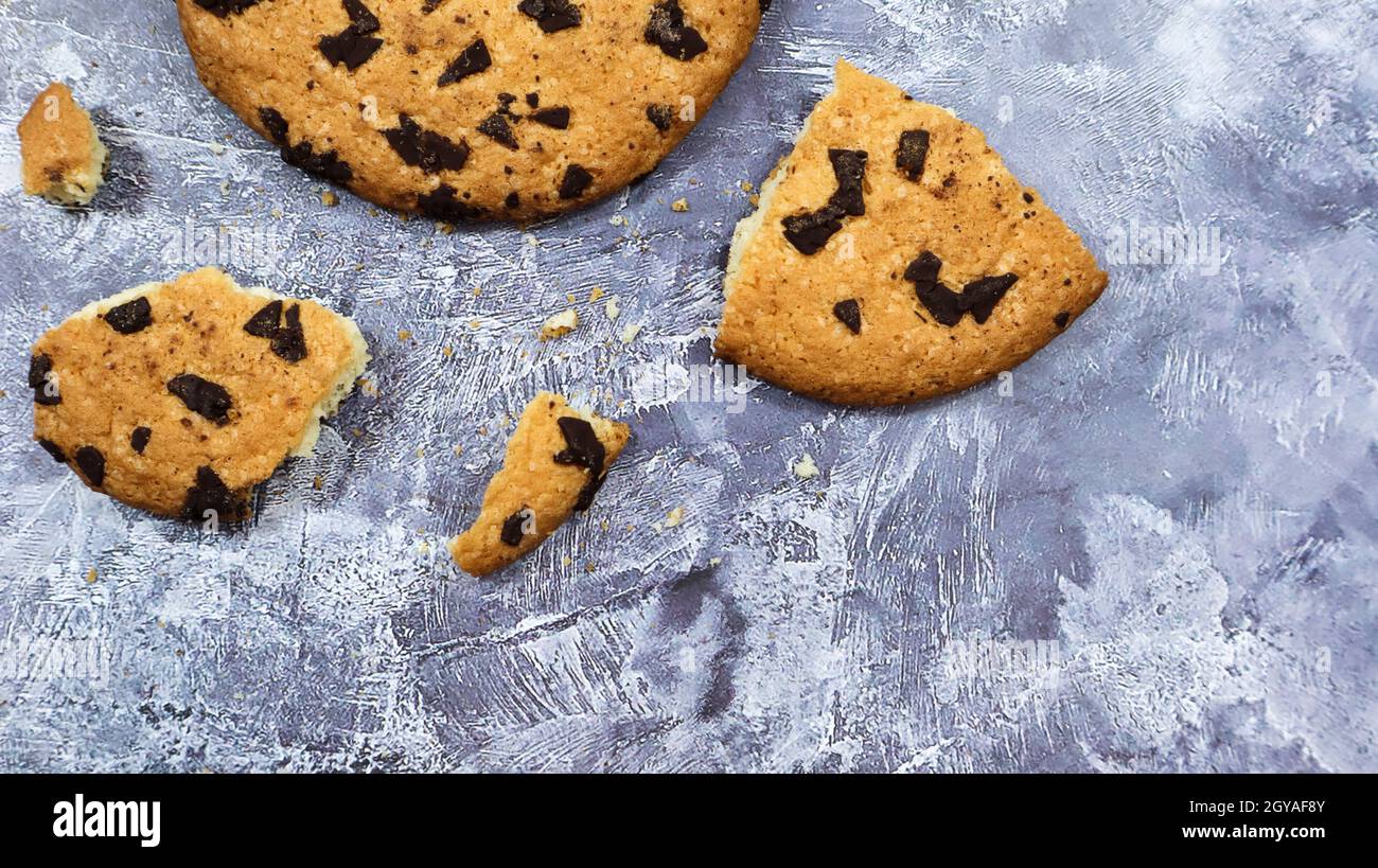 Un biscuit aux pépites de chocolat frais avec chapelure et morceaux sur ...