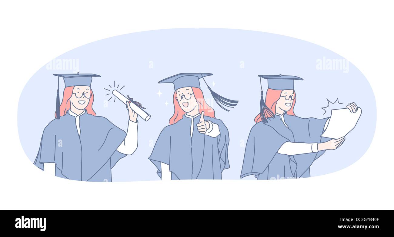 Diplôme réussi du concept universitaire.Jeune fille souriante heureuse ...