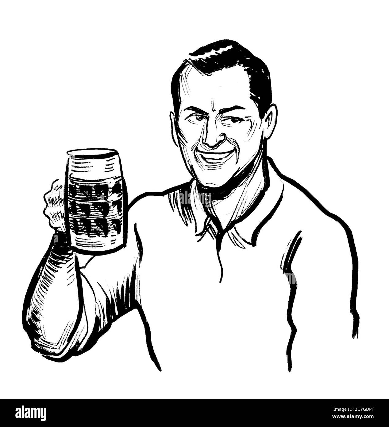 Bon homme qui boit de la bière. Dessin noir et blanc Photo Stock - Alamy