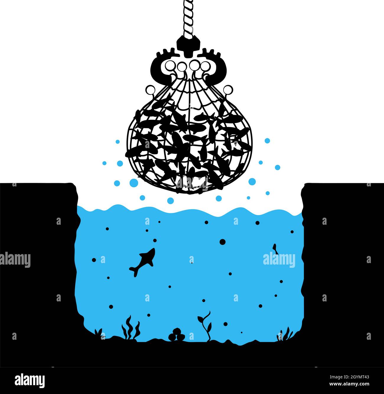 Filet de pêche écope tous les poissons scène silhouette dessin animé ...