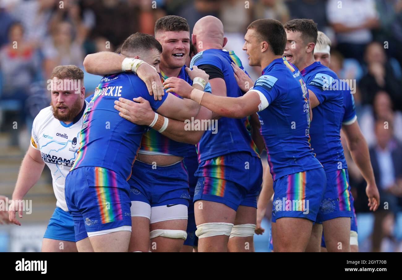 Dave Ewers, chef de l'Exeter, fête son essai lors du match de la ...
