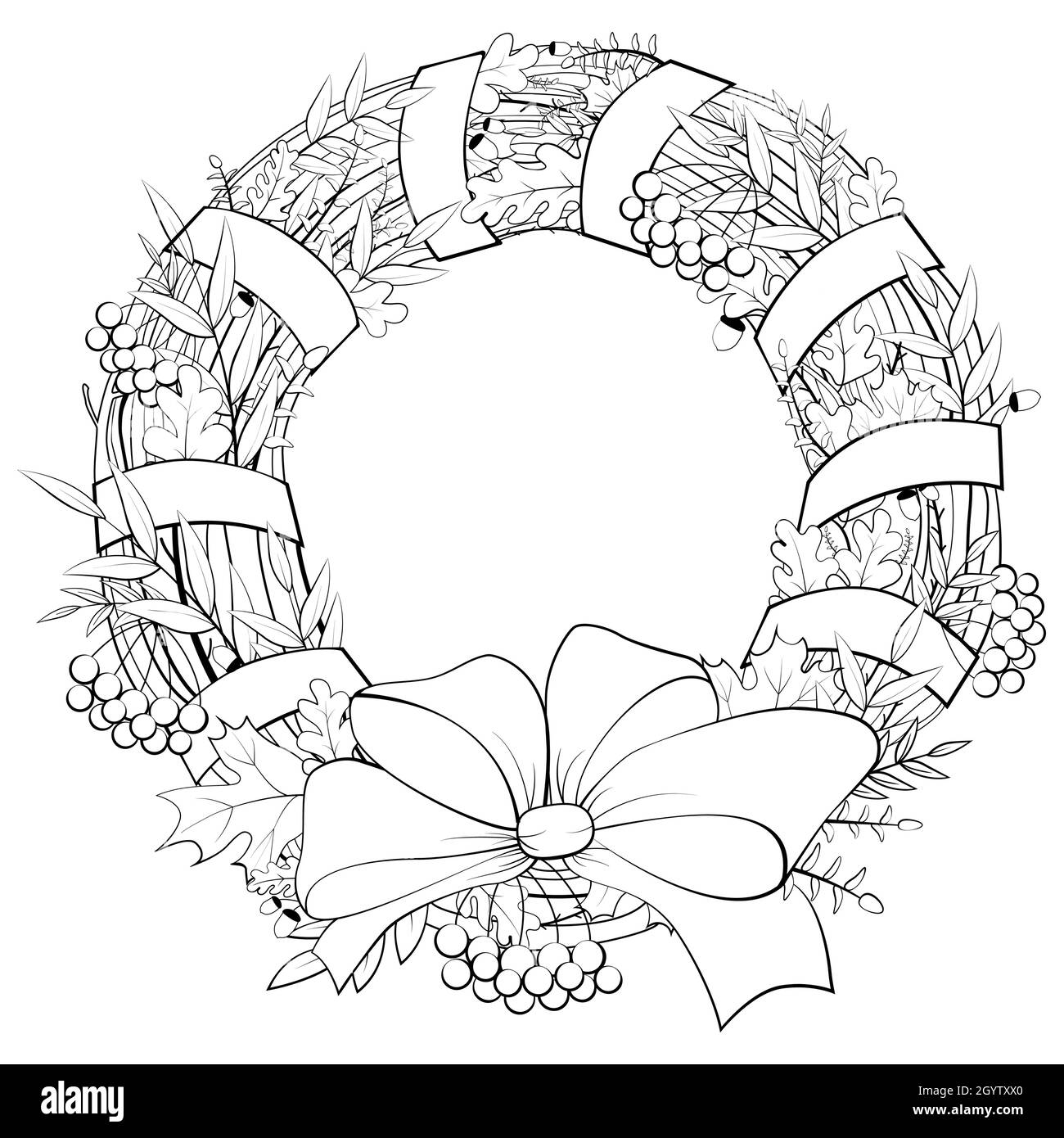 Couronne de feuilles, corne et rowan isolée sur blanc.Cadre rond ...