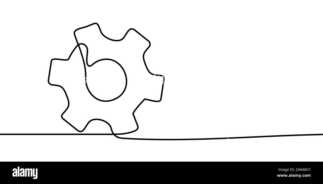 Dessin de ligne continue de roue dentée.Arrière-plan de mise en plan à ...