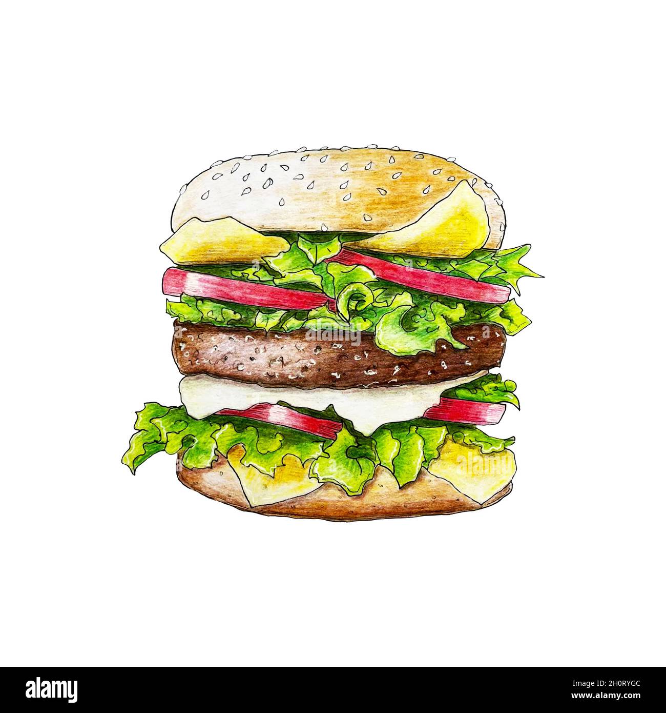 Burger hamburger dessin main crayon, isolé, fond blanc.Illustration ...