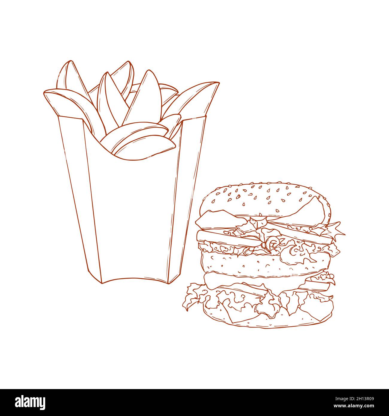 Hamburger Hamburger Et Frites Contour Dessin à La Main Croquis