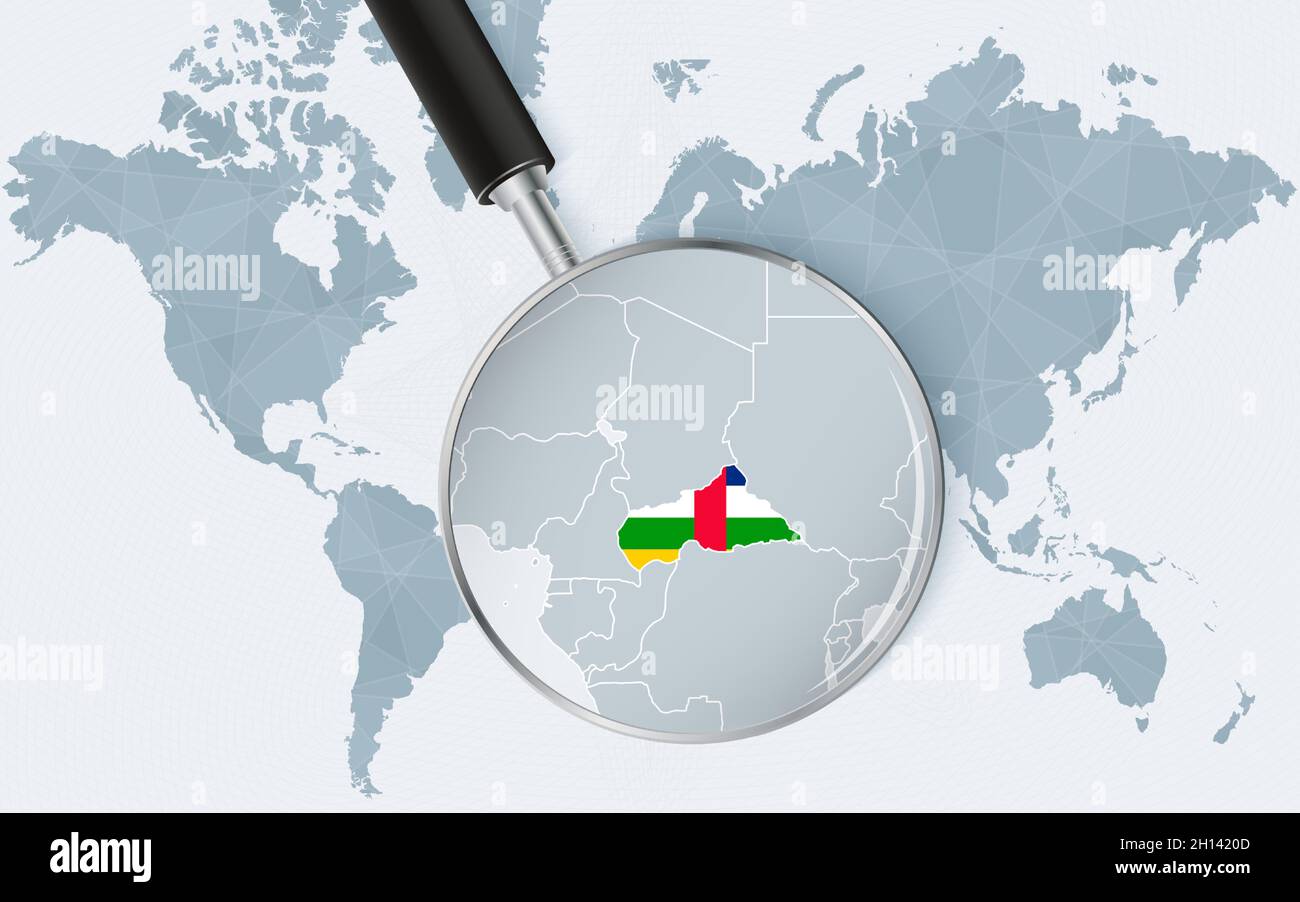 Carte du monde avec une loupe pointant vers la République centrafricaine.Carte de la République ...