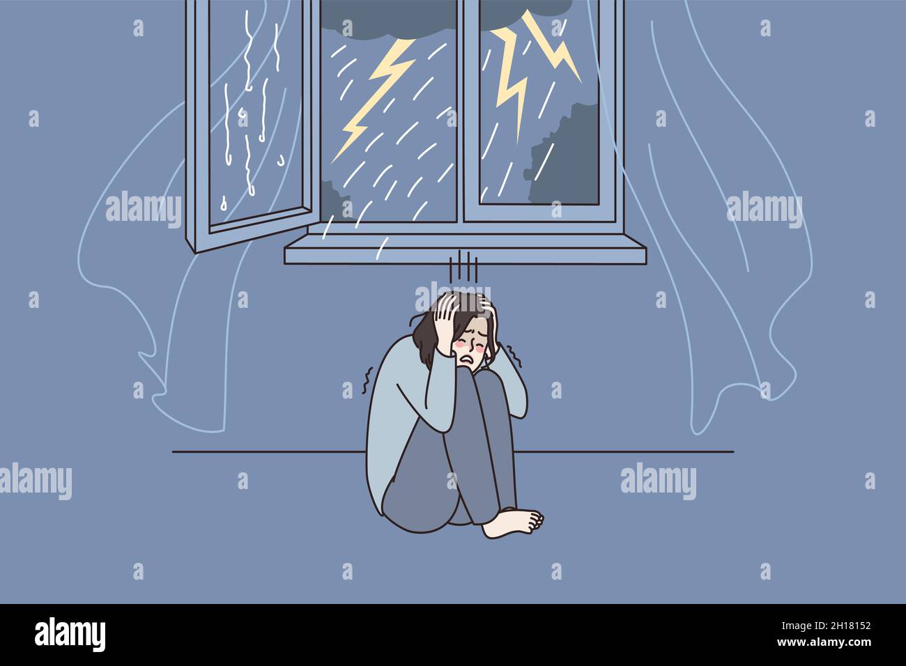 Femme inquiète cache les oreilles de couverture peur de l'orage à la ...