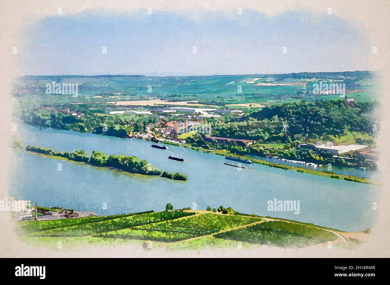 Dessin aquarelle d'une vue panoramique aérienne des gorges du Rhin ou ...