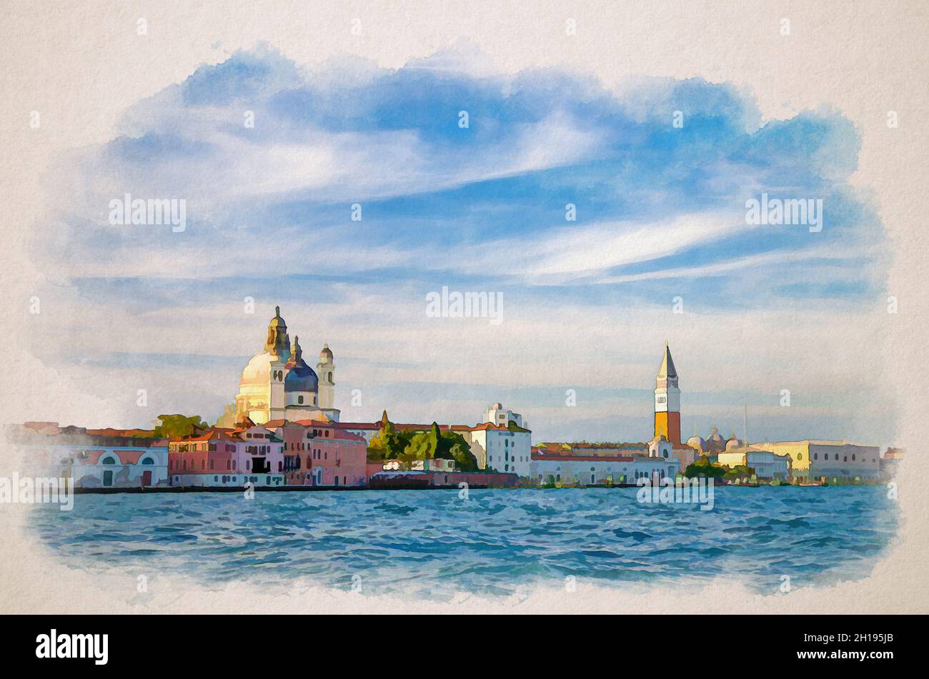 Dessin aquarelle du paysage urbain de Venise avec bassin de la lagune ...