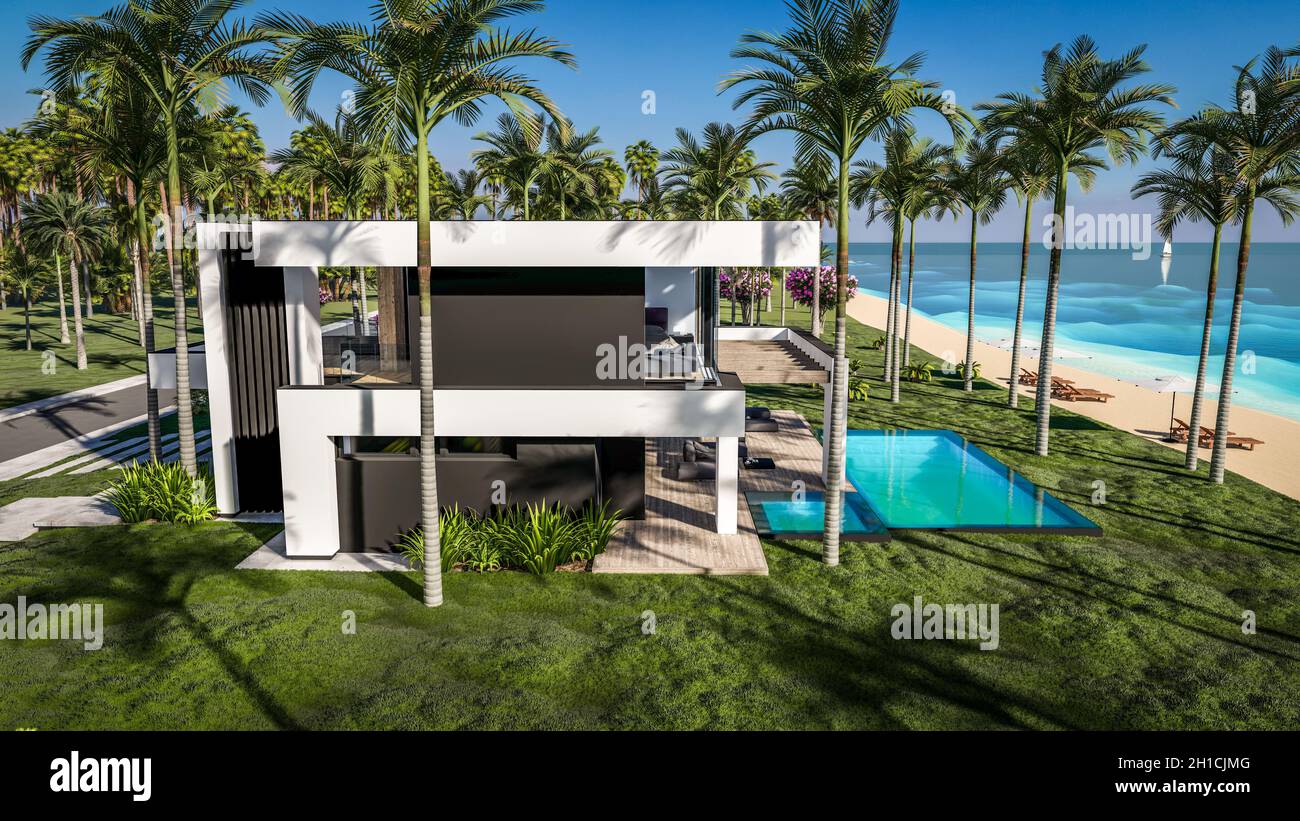 rendu 3d de maison moderne confortable avec piscine et parking à vendre ...