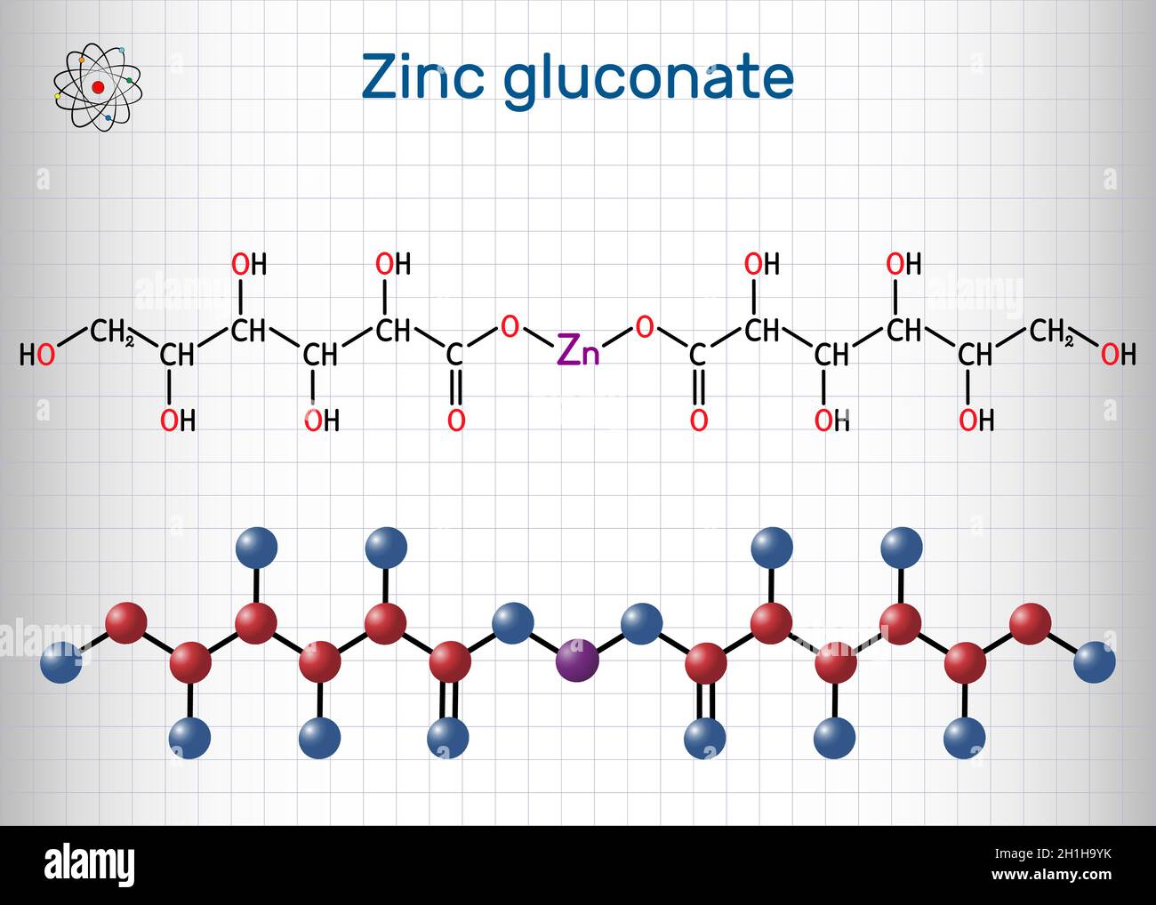 Molécule de gluconate de zinc.Il s'agit d'un composé ionique, d'un sel ...