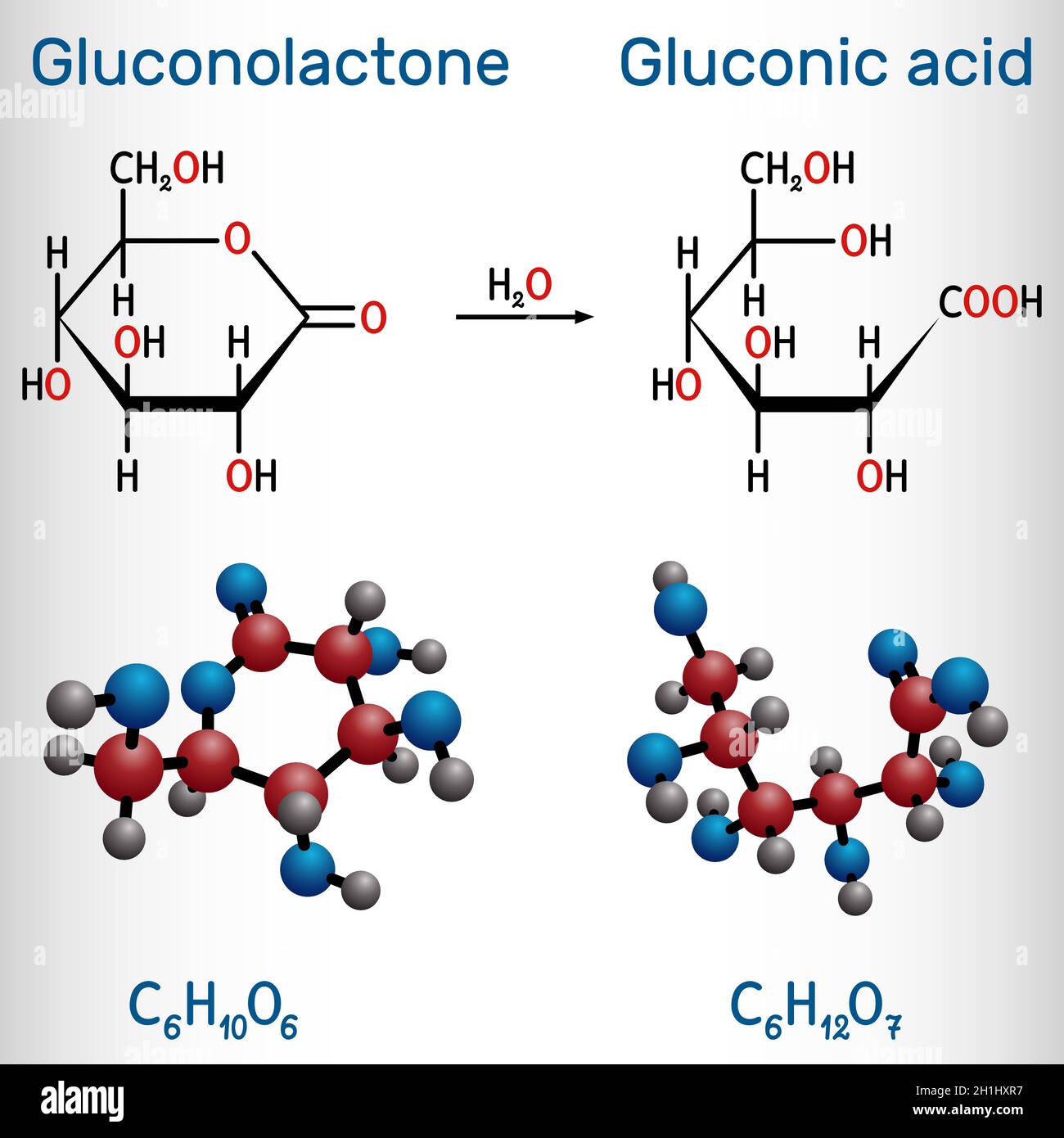Glucono-delta-lactone (gluconolactone, GDL) et molécule d'acide ...