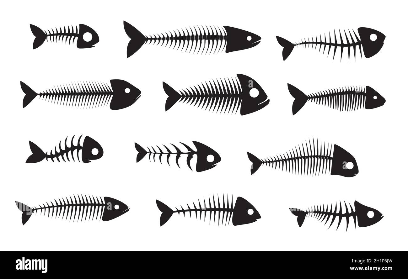 Icônes de silhouette d'os de poisson, squelettes vectoriels d'os de ...