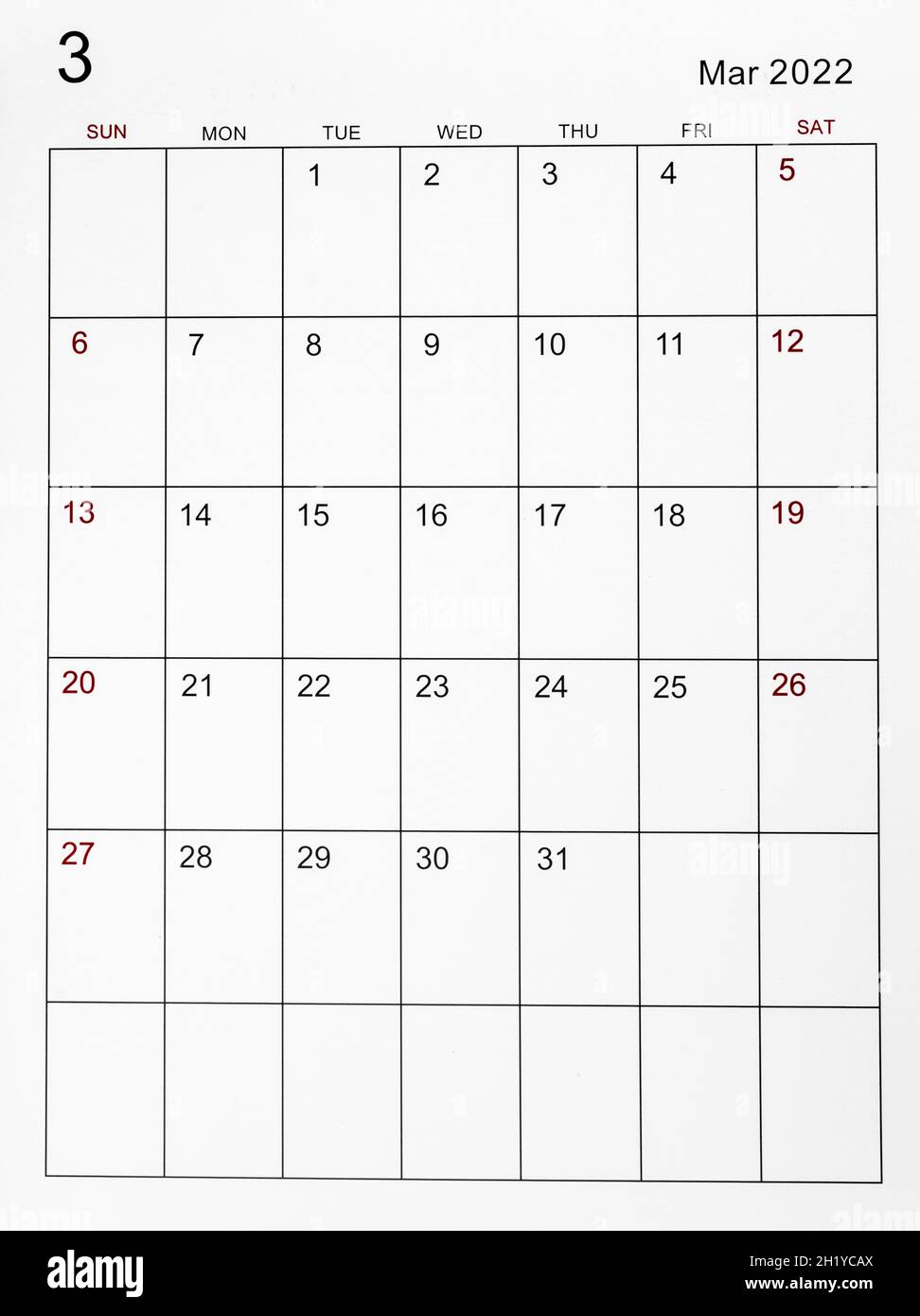Modèle de calendrier de mars 2022 Photo Stock - Alamy