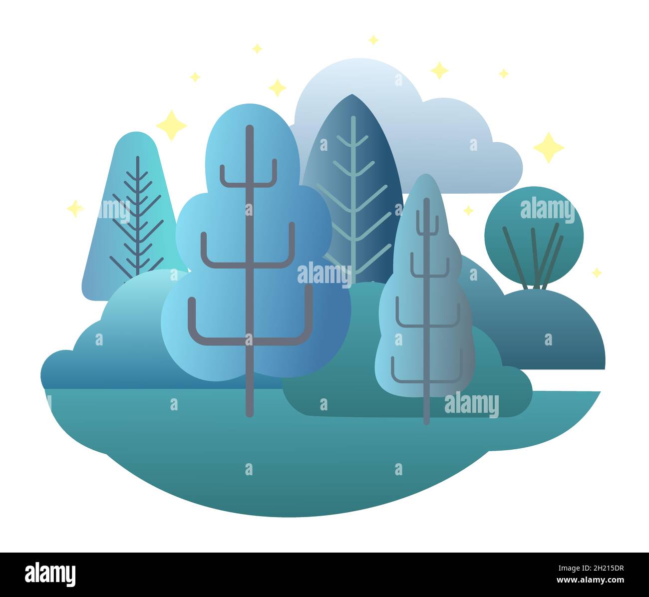 Forêt nocturne. Illustration symbolique de style dessin animé plat ...