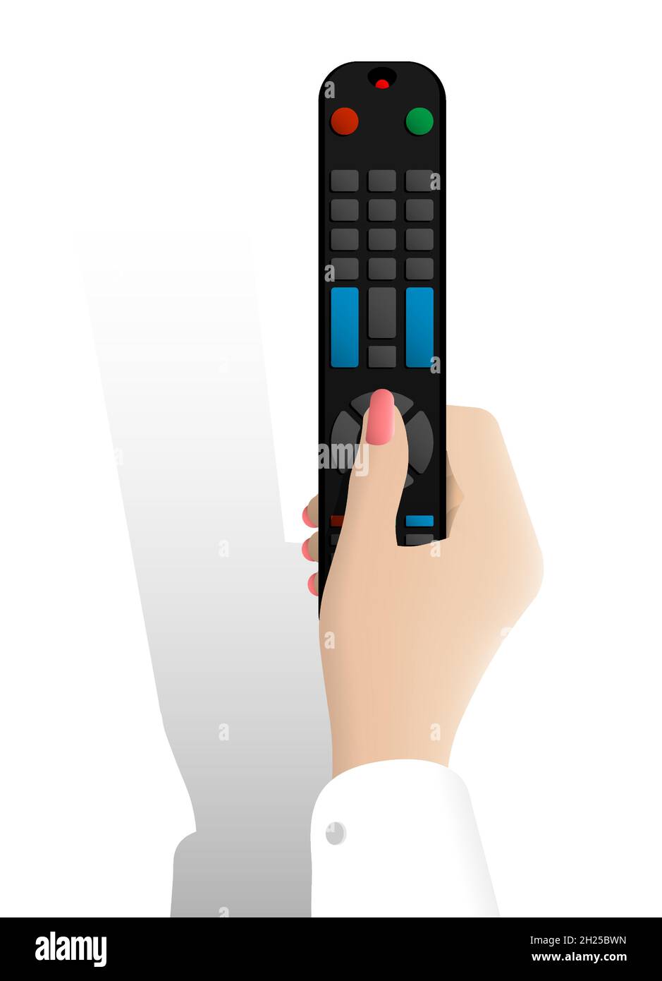 Une main féminine réaliste tient la télécommande du téléviseur et ...