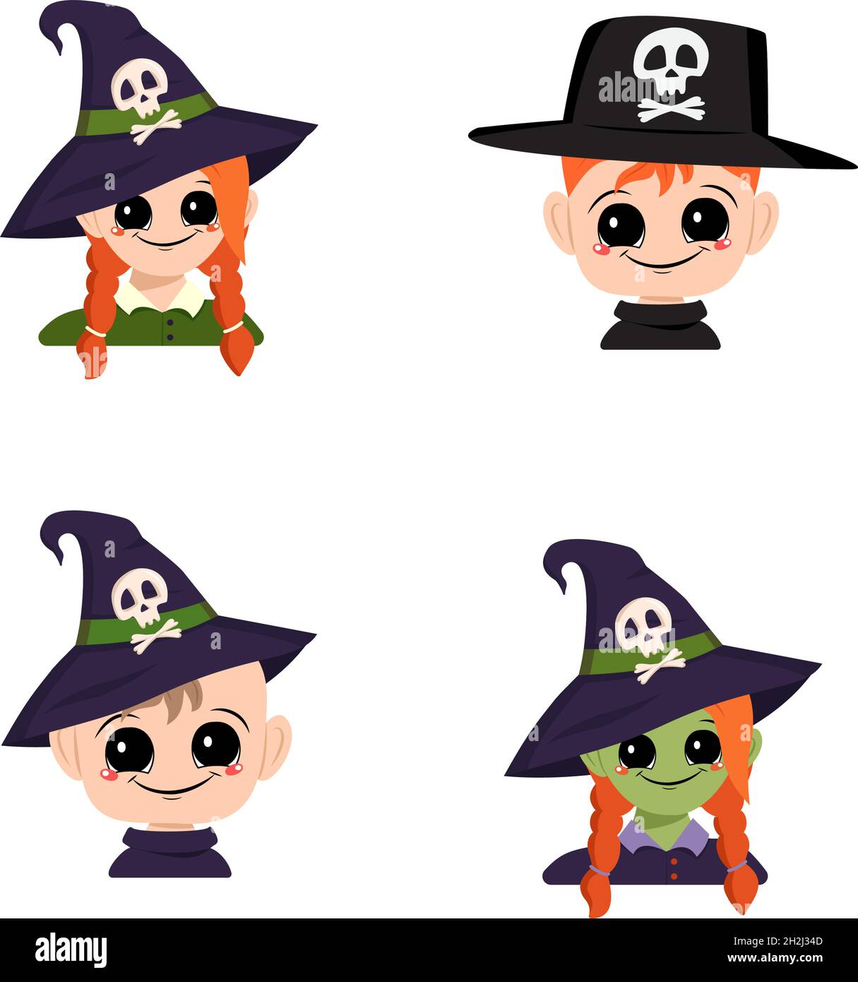 Ensemble de fille, garçon et bébé avec peau blanche et verte, cheveux ...