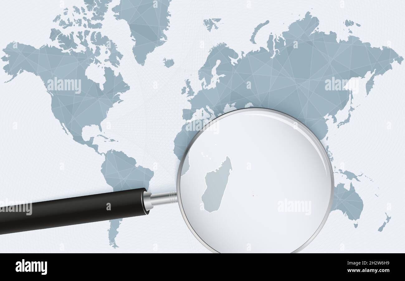 Carte du monde avec une loupe pointant sur l'île Maurice.Carte de ...