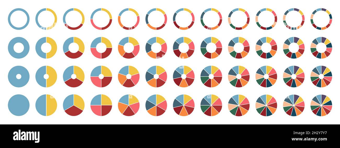 Camembert circulaire.2,3,4,5,6,7,8,9,10,11,12 sections ou étapes.Cycle de traitement plat ...