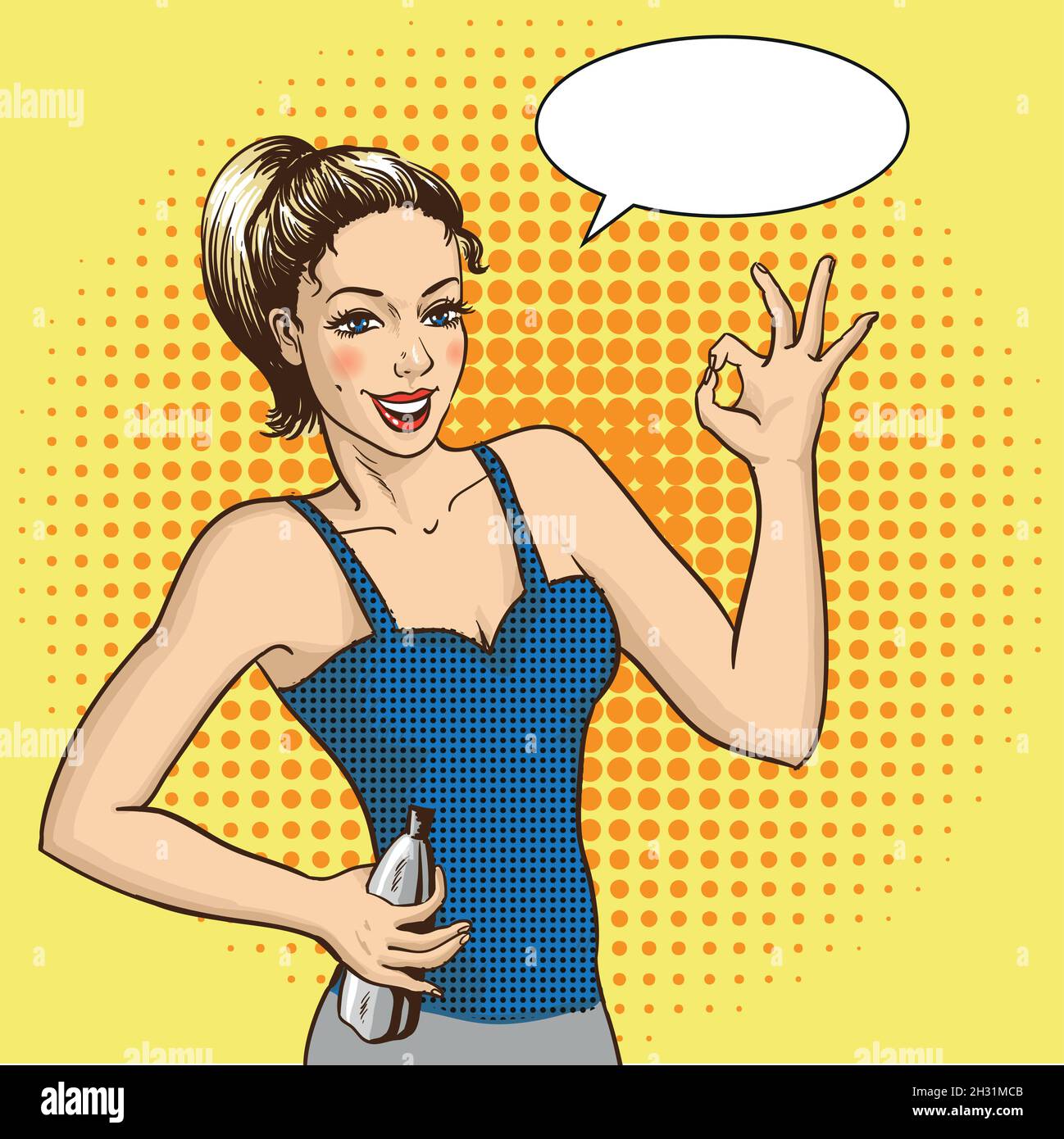 Une femme sourit et montre un signe de main OK avec une bulle de parole ...