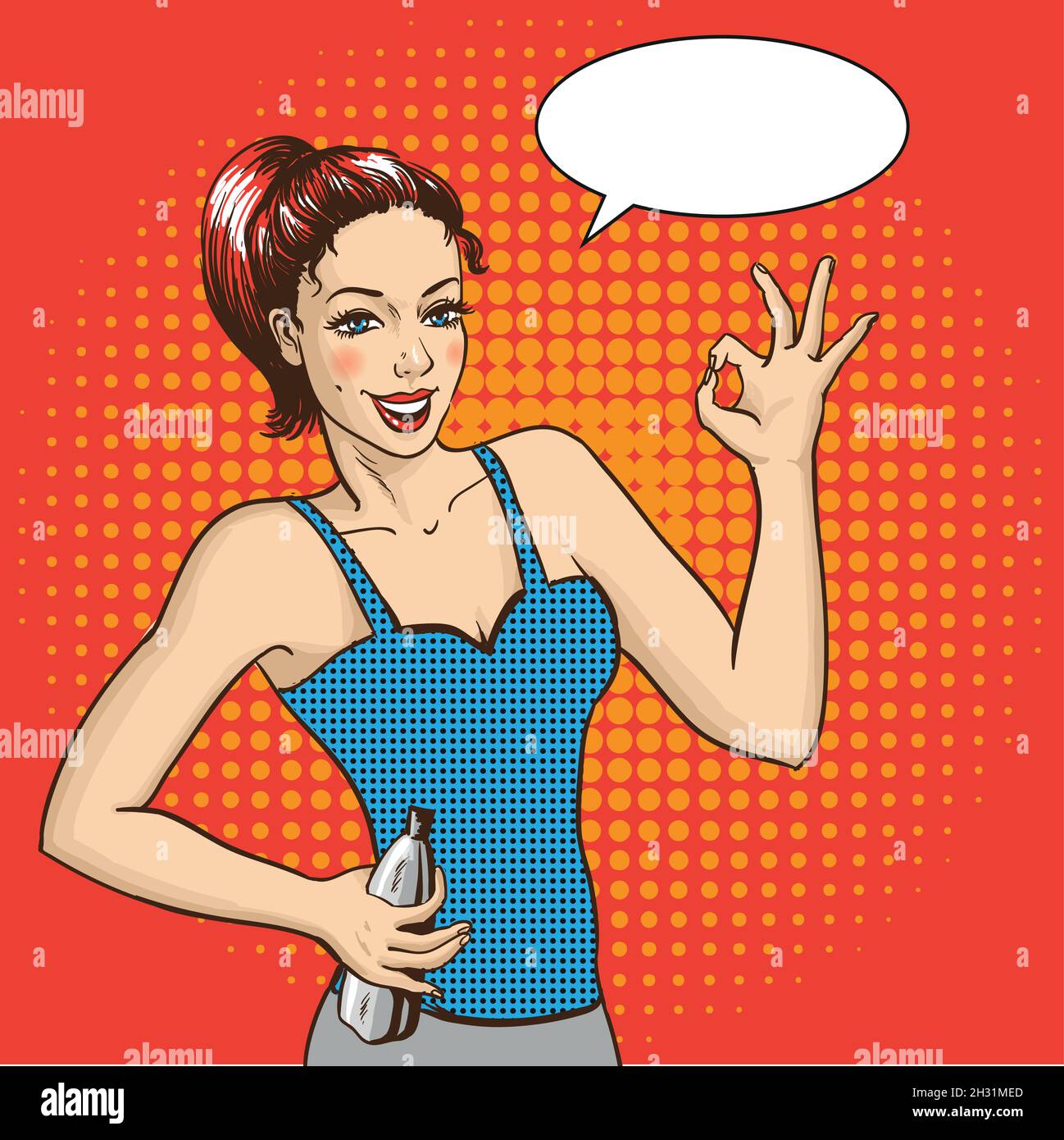 Une femme sourit et montre un signe de main OK avec une bulle de parole ...