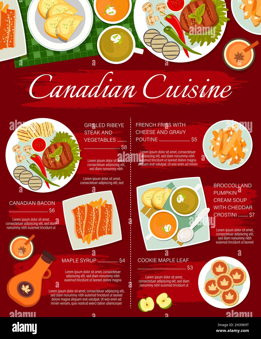 Modèle de menu de repas de restaurant de cuisine canadienne.Steak de ...