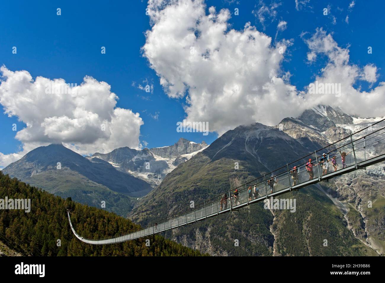 Randonneurs traversant le pont suspendu de charles kuonen Banque de ...