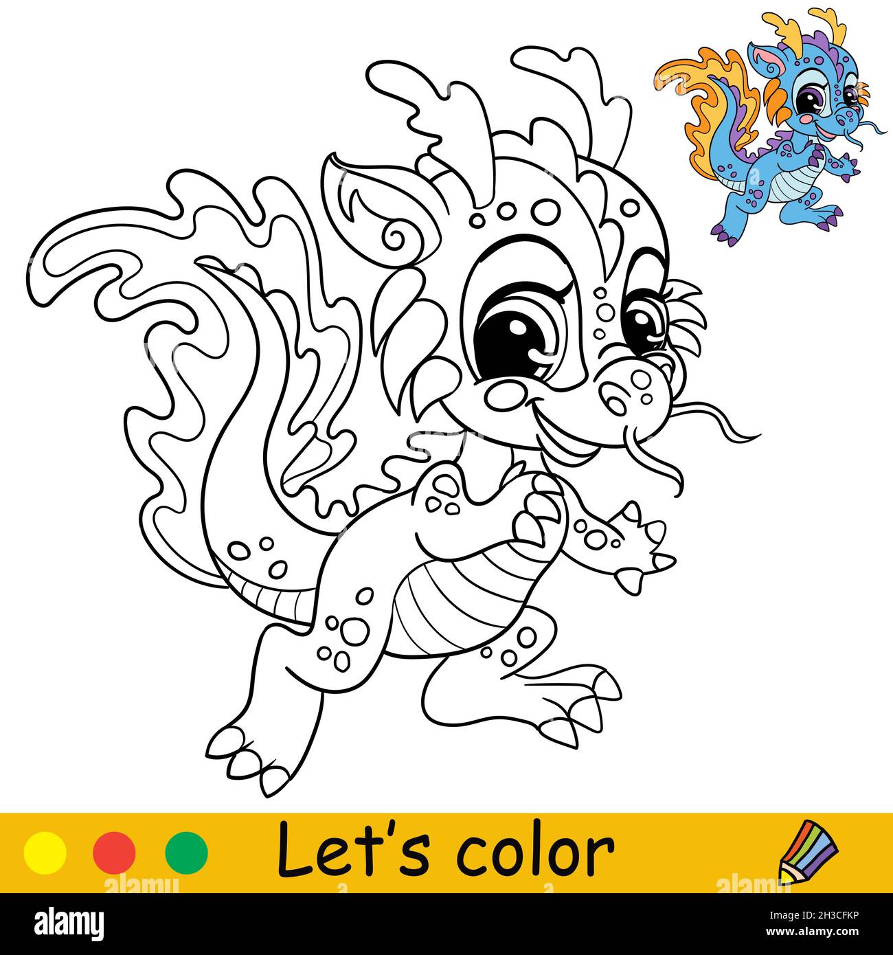 Joli dragon d'eau drôle.Page de livre de coloriage avec modèle coloré ...