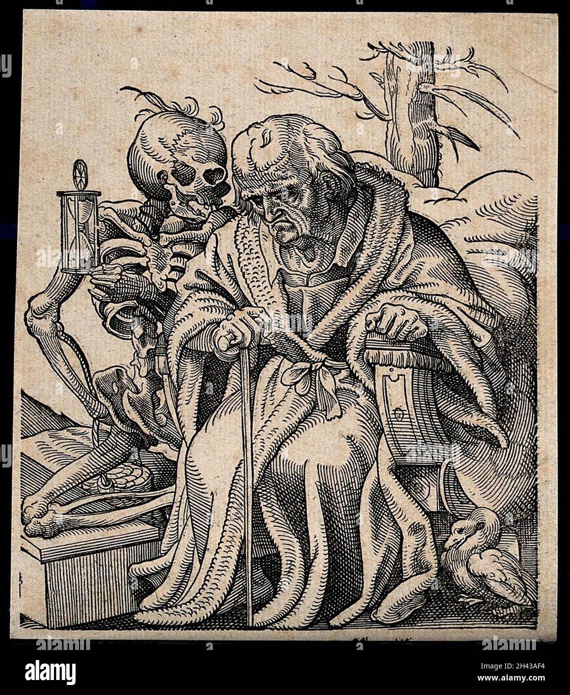 Memento mori d'un homme âgé taillé par un squelette, comme il s'assoit ...