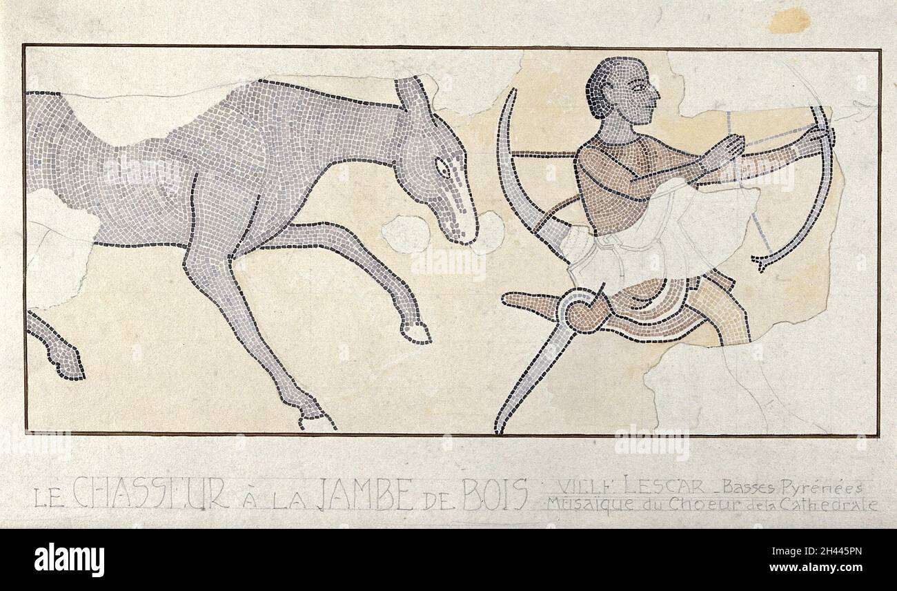 Un archer porteur d'un arc dont la jambe gauche est accrochée dans une ...