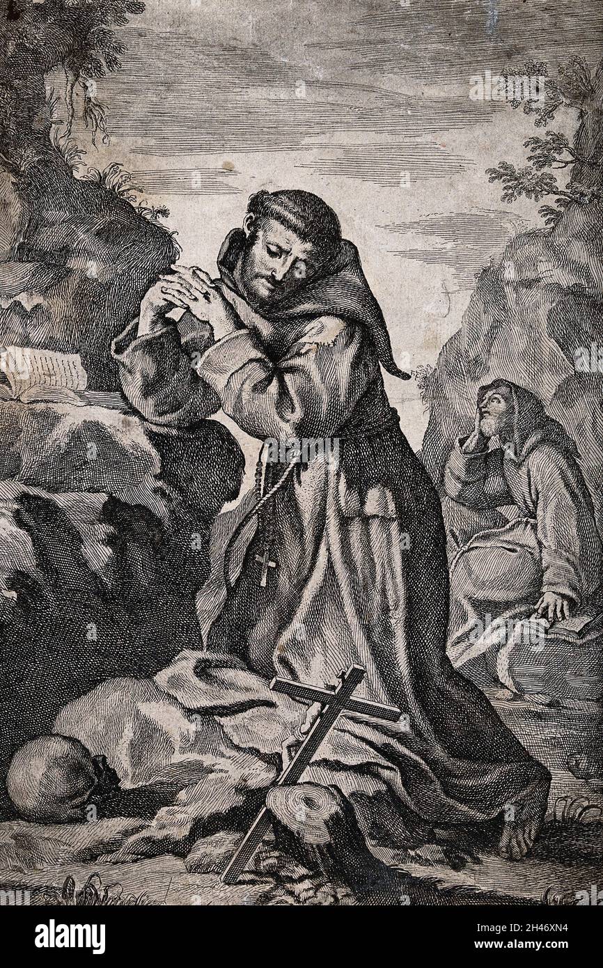 Saint François d'Assise, à genoux, contemplant un crucifix; moine ...