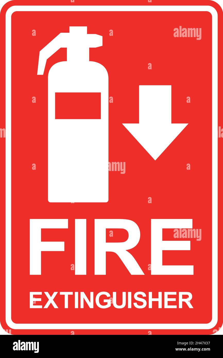 Panneau d'extincteur avec symbole de flèche.Blanc sur fond rouge.Signes ...
