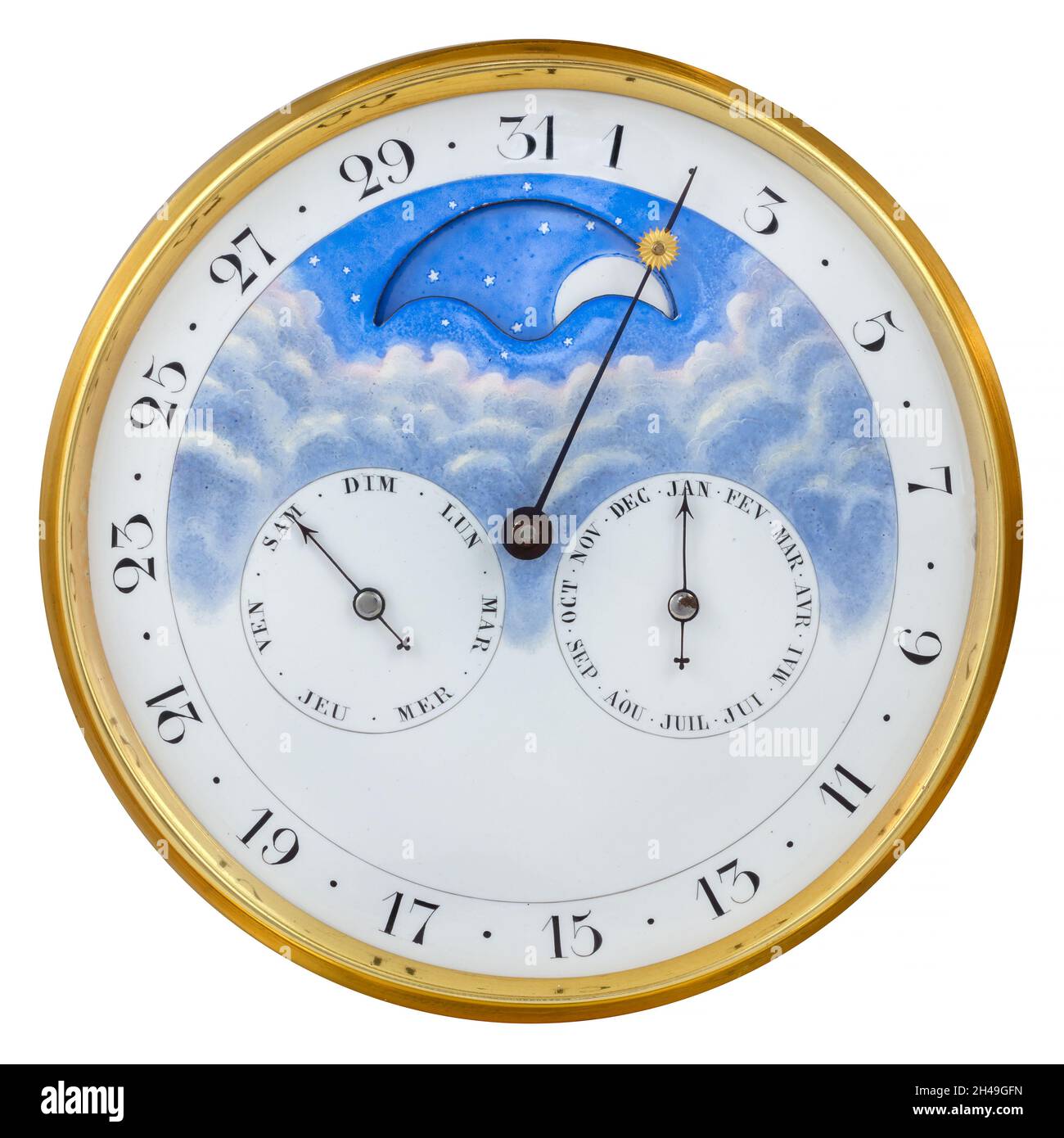 Ancien calendrier français en forme d'horloge ronde avec indicateur de ...