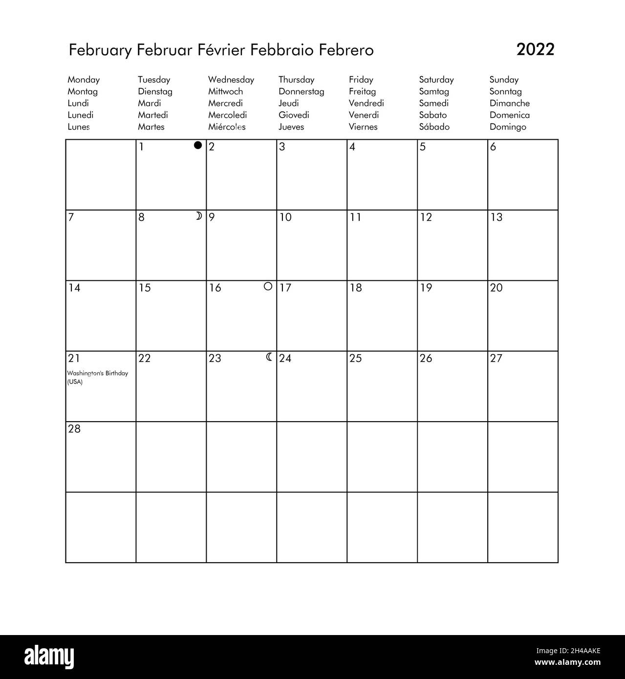 Calendrier international de février de l'année 2022 avec jours fériés ...