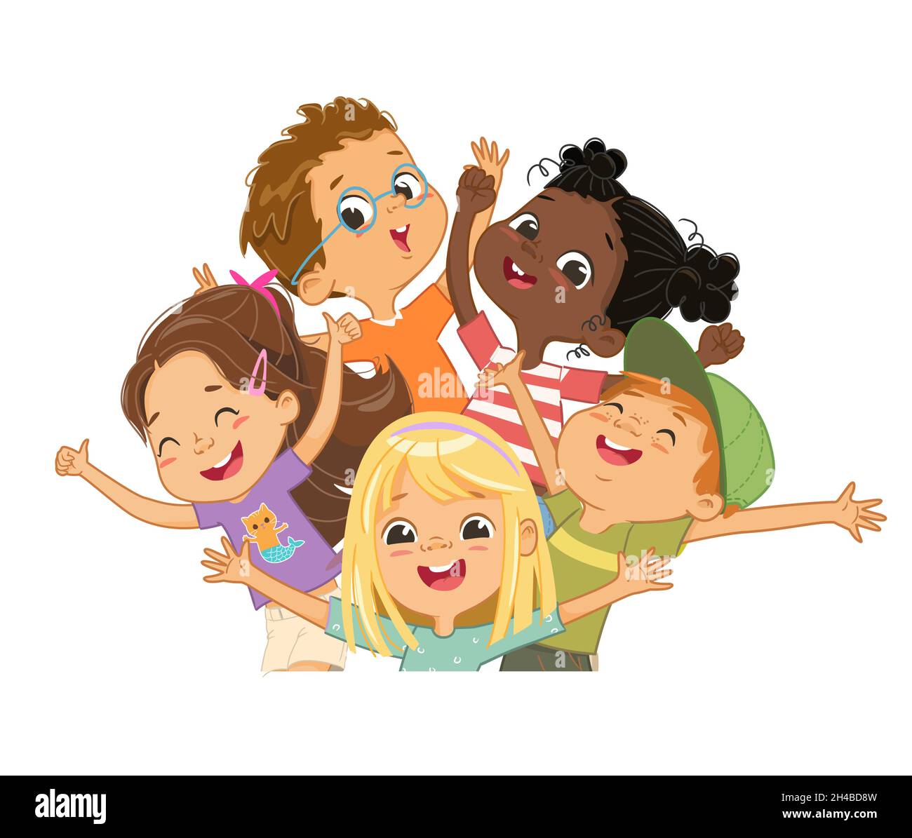 Groupe d'enfants heureux multiculturels souriez et agitez leurs mains ...
