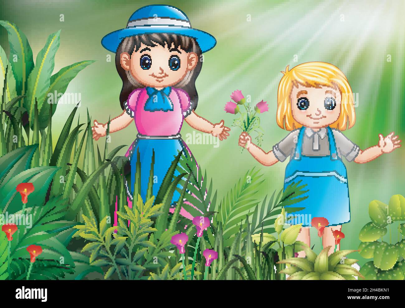 Petite fille cueillant des fleurs Banque d'images vectorielles - Alamy