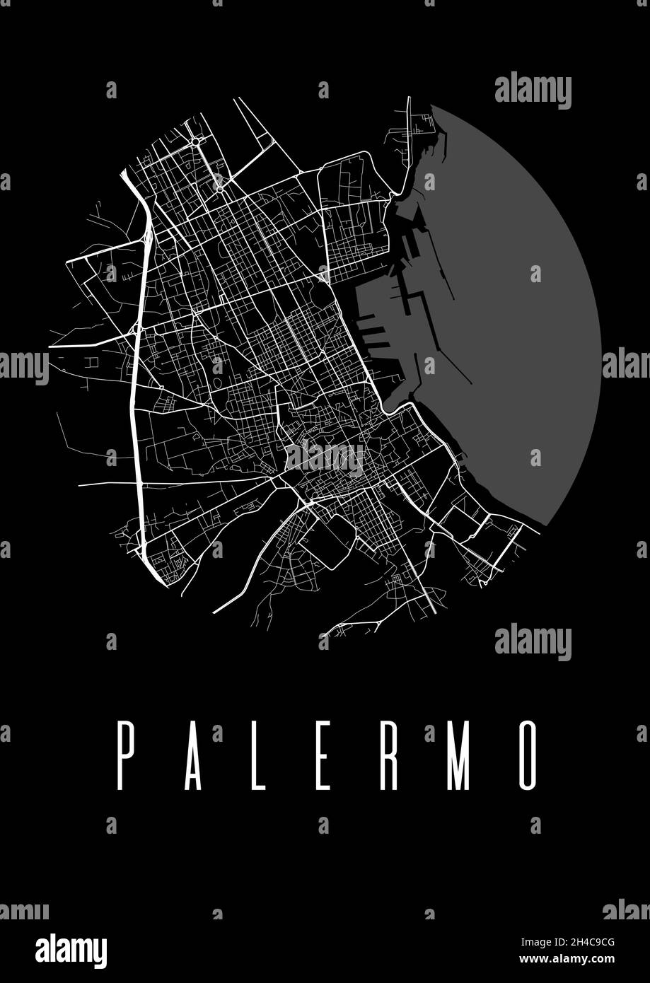 Palermo carte vecteur poster noir.Vue circulaire ronde, plan des rues ... Palermo carte vecteur poster noir.Vue circulaire ronde, plan des rues ...