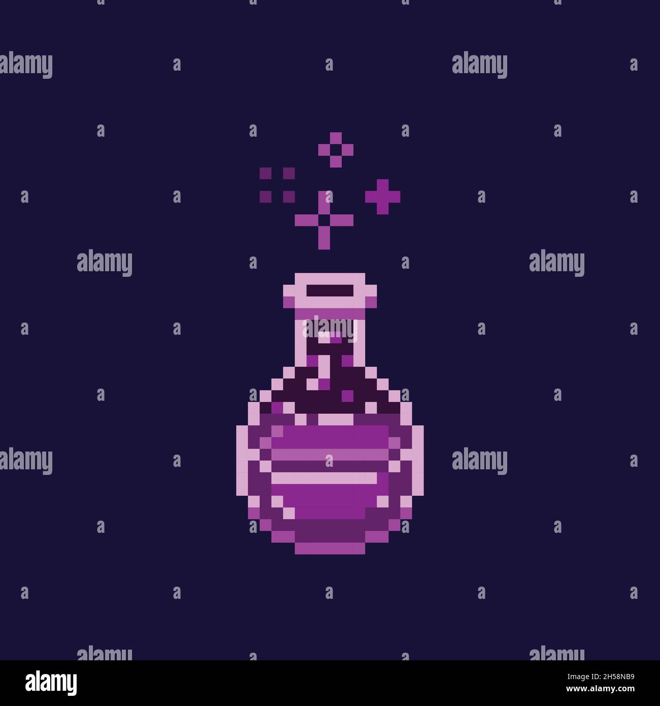 Pixel art potion bouteille de poison violet étincelant, design de jeu ...