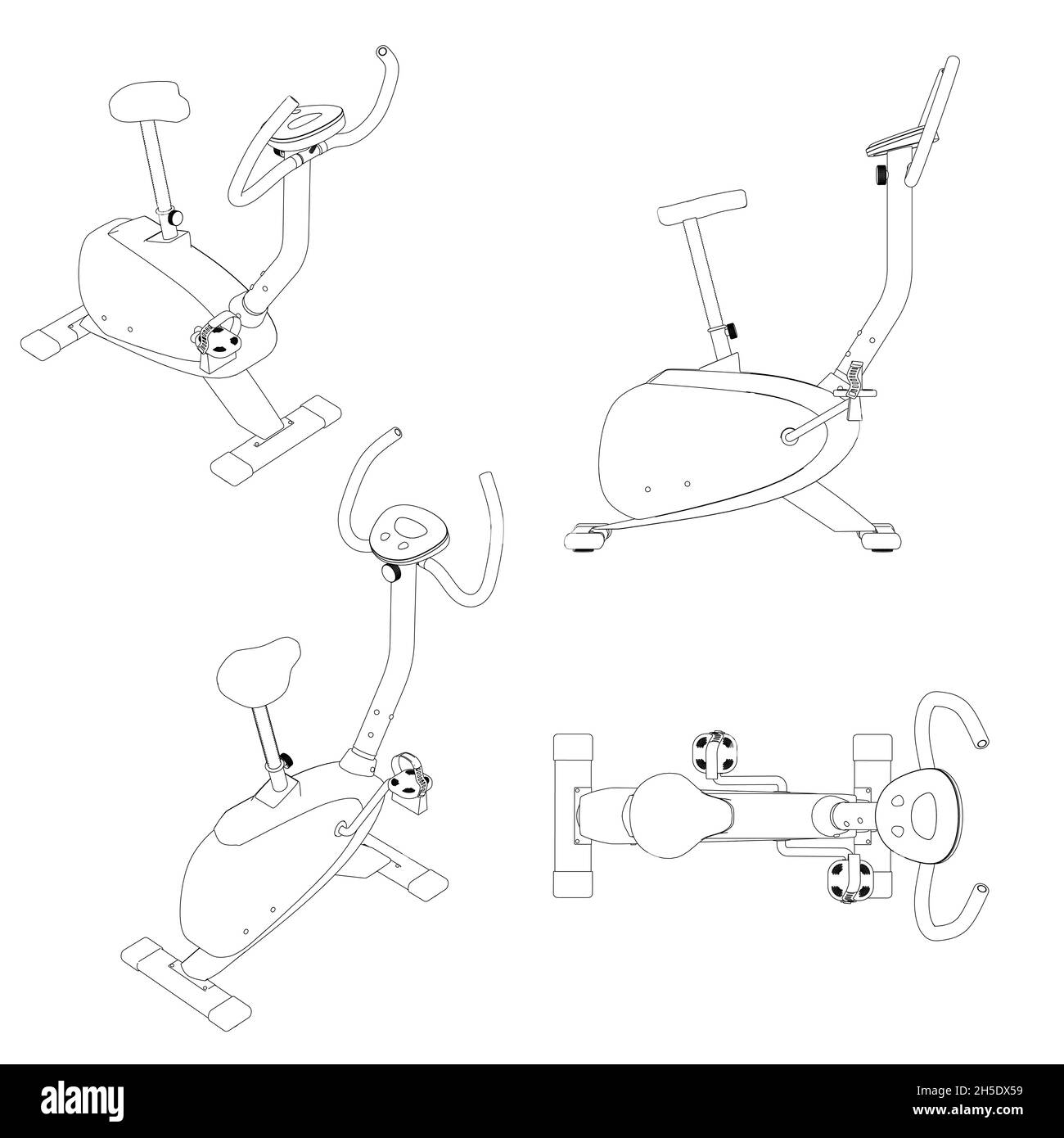 Définir les contours d'un vélo d'exercice avec différentes vues des ...