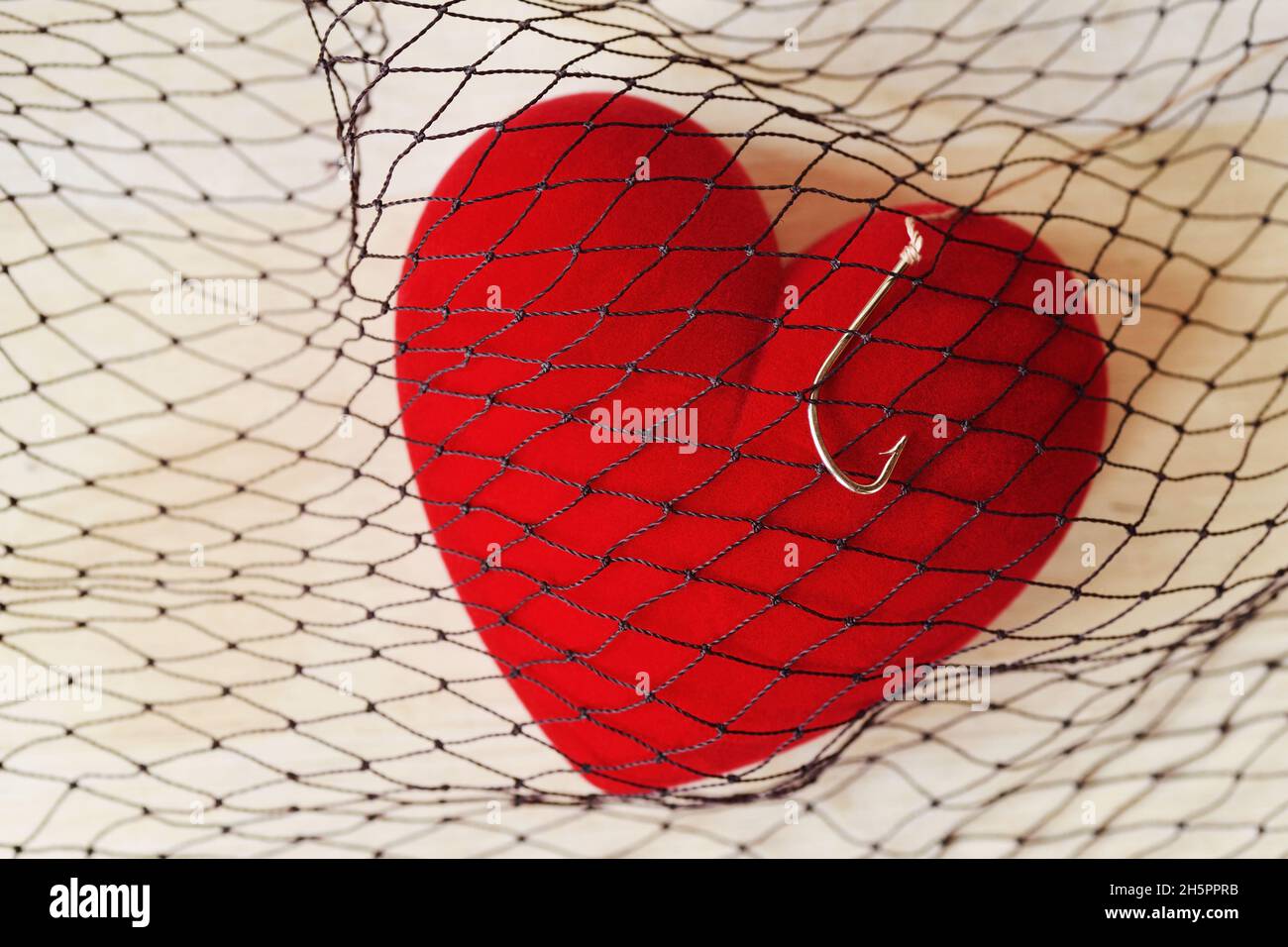 Coeur avec crochet de poisson dans le filet de pêche - concept d'amour ...