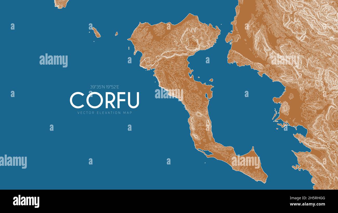 Carte topographique de Corfou, Grèce.Carte vectorielle détaillée de l'altitude de l'île.Affiche ...