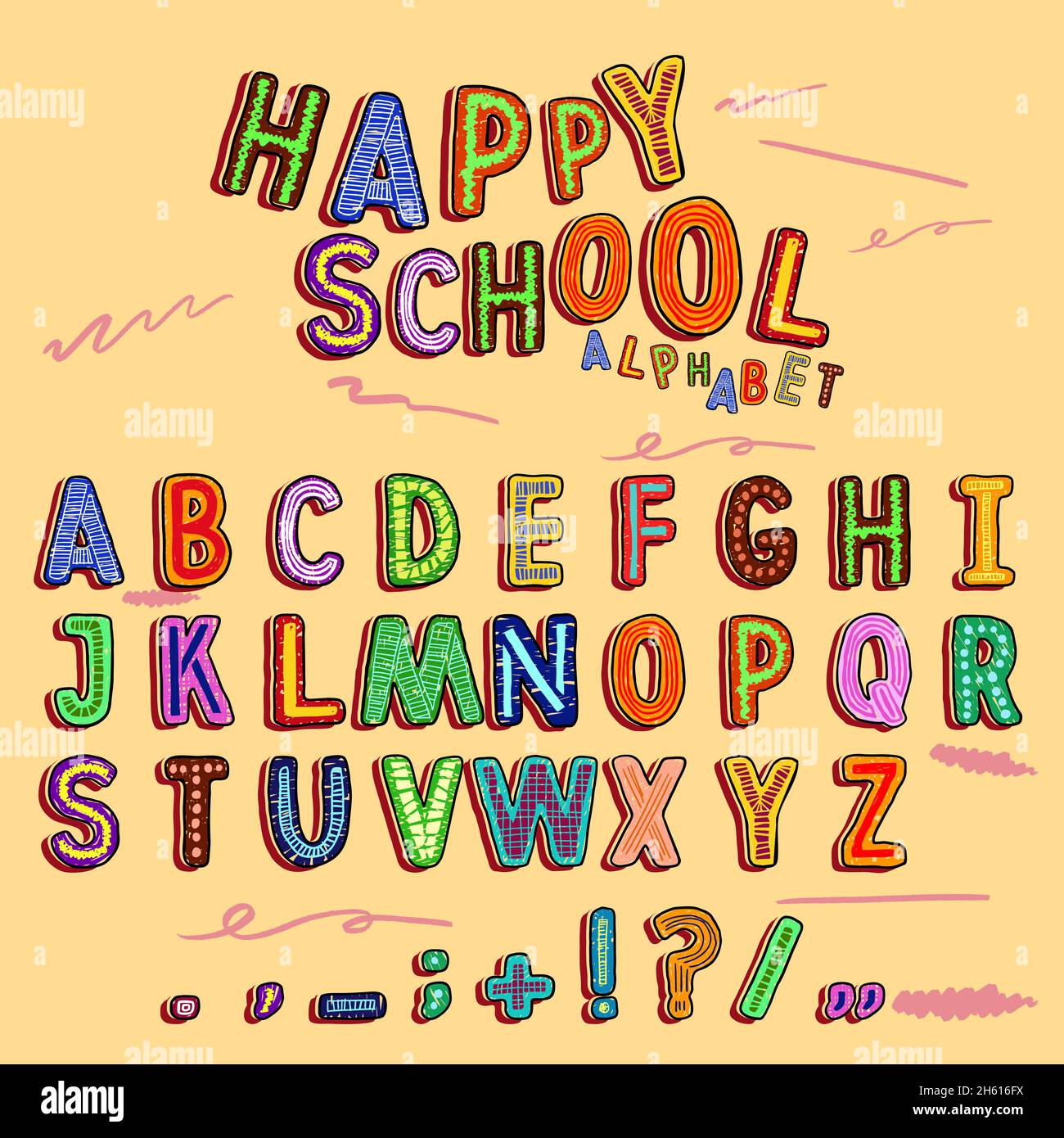 Lettres dessinées à la main.Chiffres, signes mathématiques, accents ...