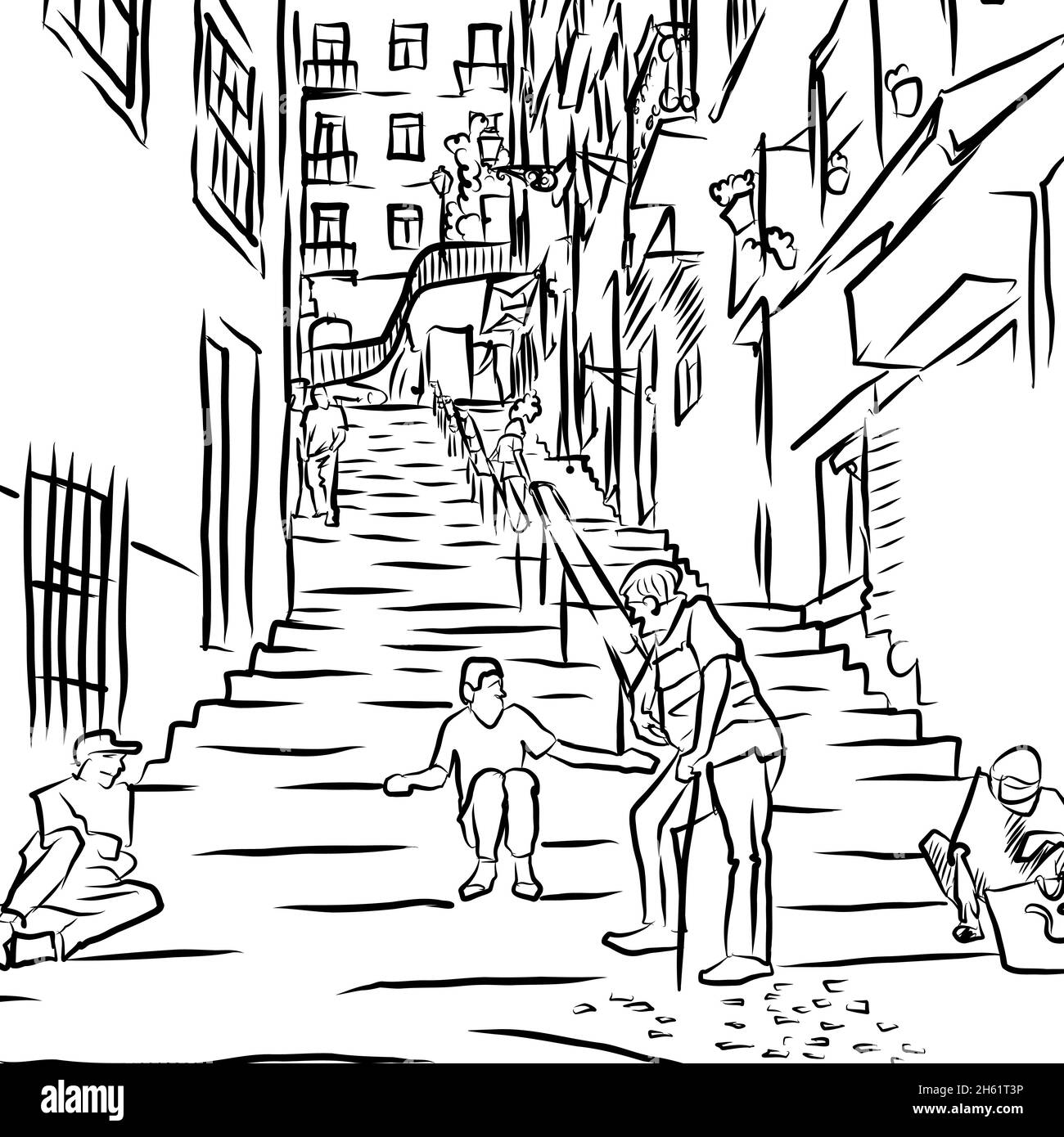 petite allée avec marches. dessin vectoriel dessiné à la main avec ...