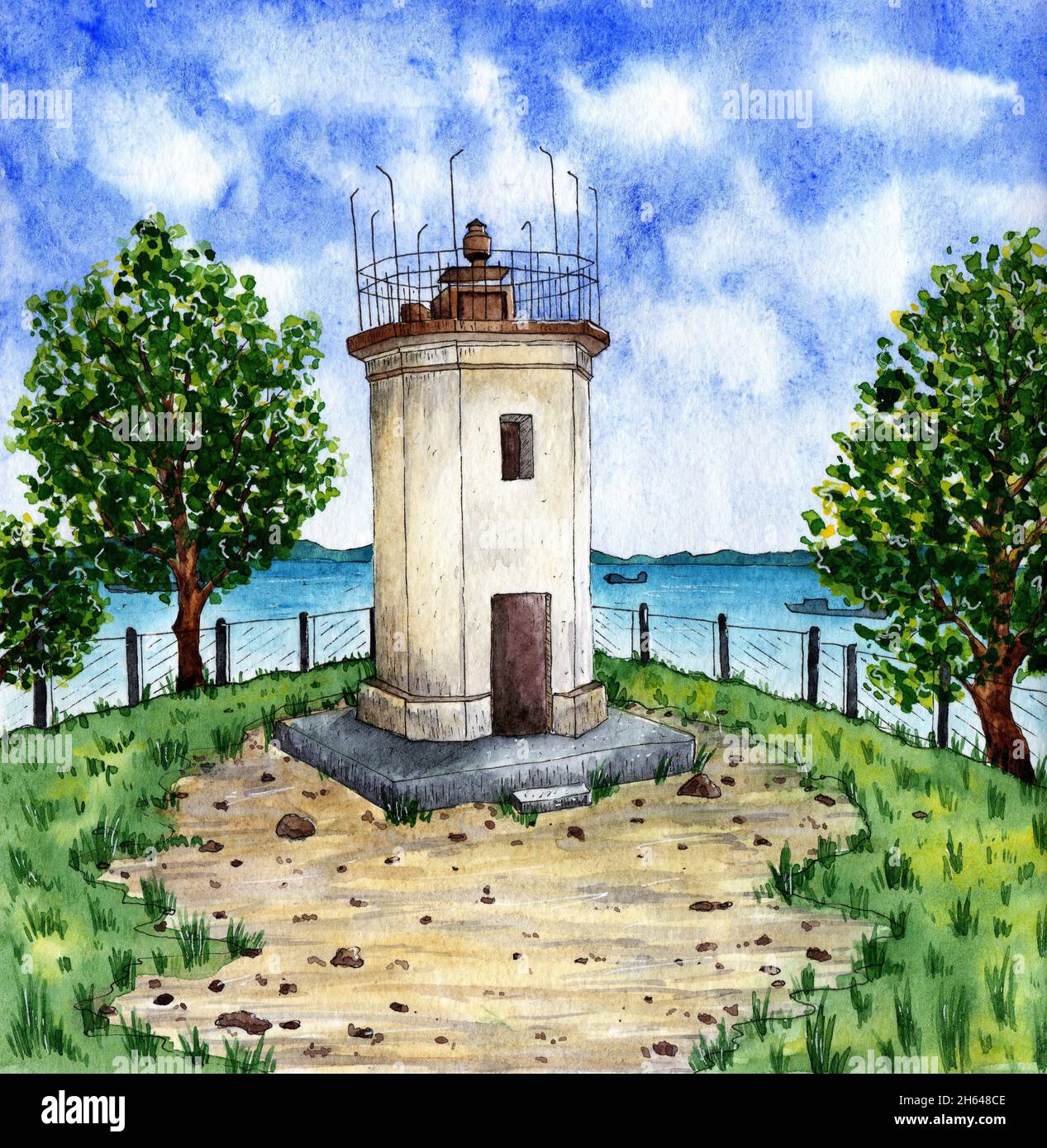 Carte postale couleur de l'eau ancien phare sur un fond de montagnes et ...