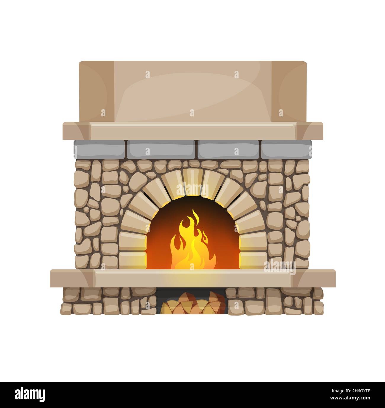 Foyer en pierre avec flamme et morceaux de bois.Maison décoration ...