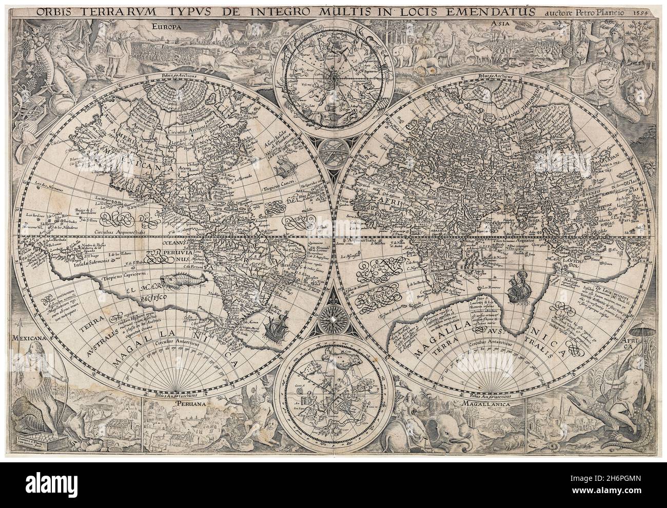 16th Century Dutch vintage World Map, cartographie par Petrus Plancius ...