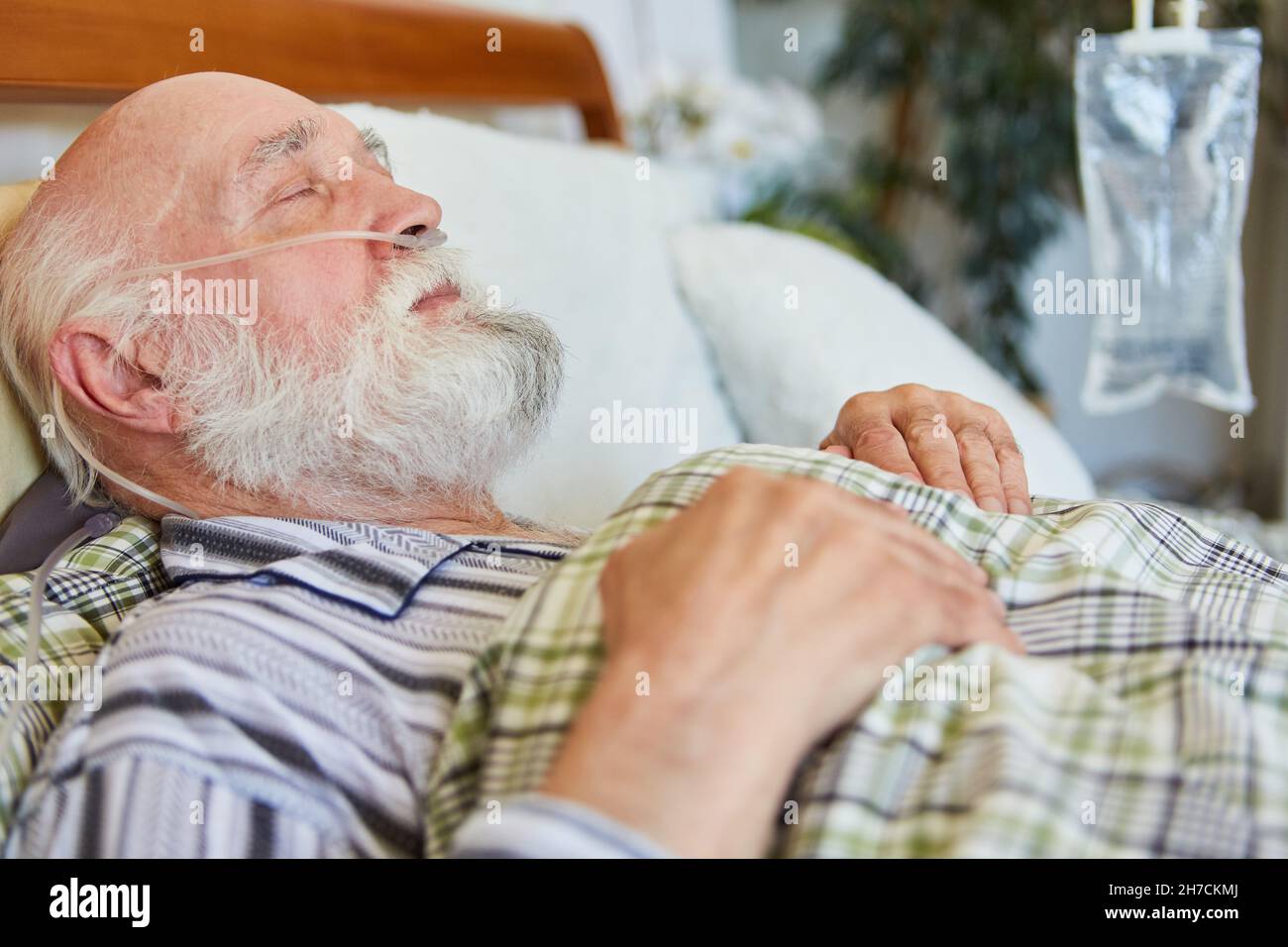 Un vieil homme malade est au lit avec un cathéter d'oxygène dans l ...