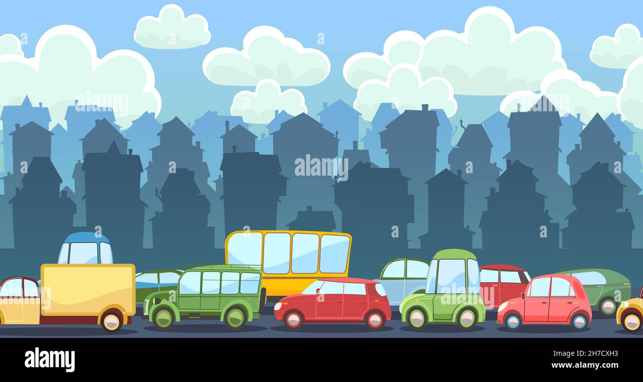 Circulation dense sur la route.Illustration de dessin animé horizontal ...