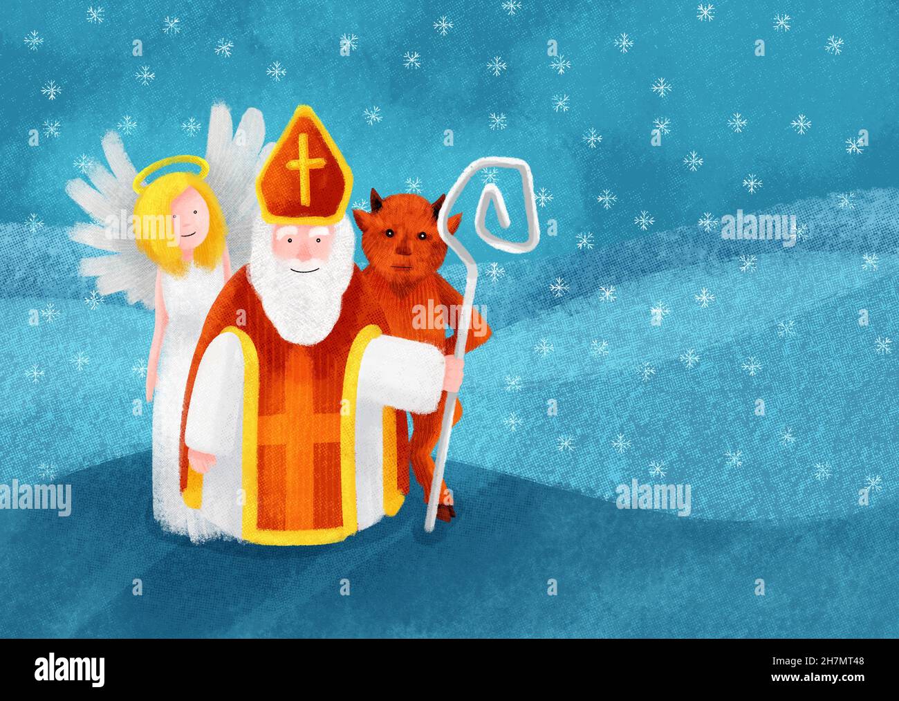 Carte de voeux : Saint Nicholas avec Ange et diable dans le paysage de neige.Selon la tradition ...